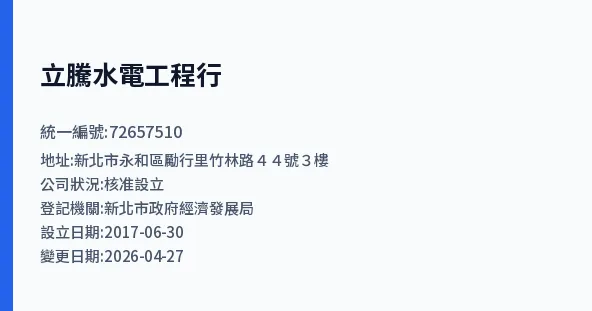 立騰水電工程行的照片-統編 72657510(新北市) 公司登記資料與營業項目詳細圖表