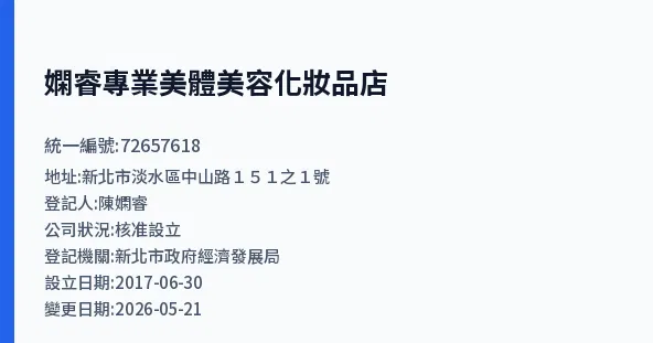 嫻睿專業美體美容化妝品店的照片-統編 72657618(新北市) 公司登記資料與營業項目詳細圖表