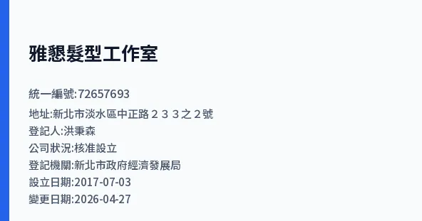 雅懇髮型工作室的照片-統編 72657693(新北市) 公司登記資料與營業項目詳細圖表