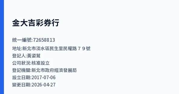 金大吉彩券行的照片-統編 72658813(新北市) 公司登記資料與營業項目詳細圖表
