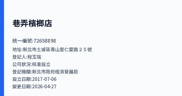 巷弄檳榔店的照片-統編 72658898(新北市) 公司登記資料與營業項目詳細圖表