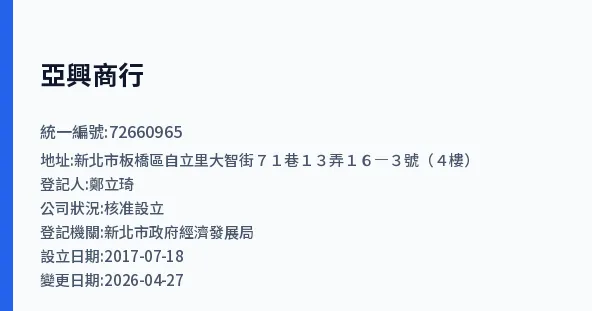 亞興商行的照片-統編 72660965(新北市) 公司登記資料與營業項目詳細圖表