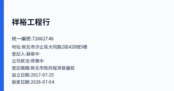 祥裕工程行的照片-統編 72662746(新北市) 公司登記資料與營業項目詳細圖表
