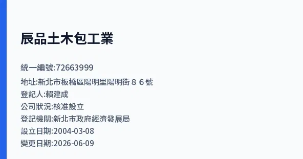 辰品土木包工業的照片-統編 72663999(新北市) 公司登記資料與營業項目詳細圖表