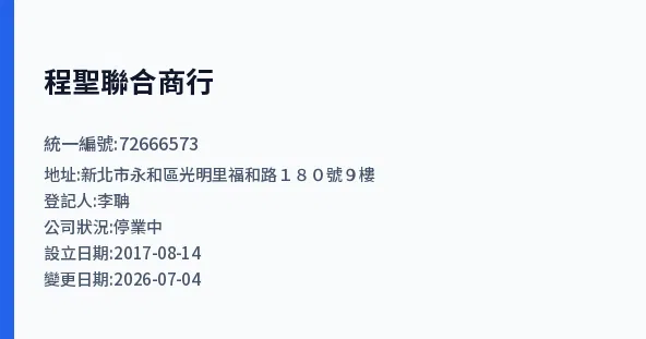 程聖聯合商行的照片-統編 72666573(新北市) 公司登記資料與營業項目詳細圖表