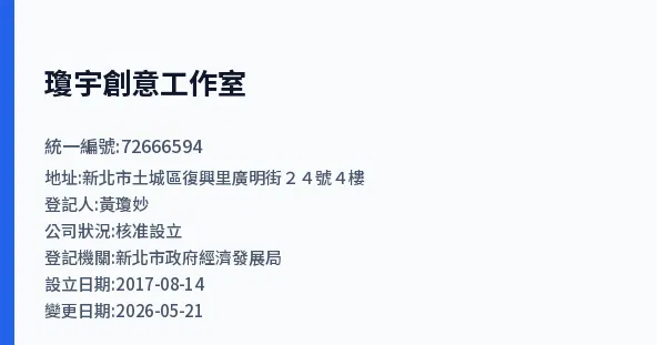 瓊宇創意工作室的照片-統編 72666594(新北市) 公司登記資料與營業項目詳細圖表