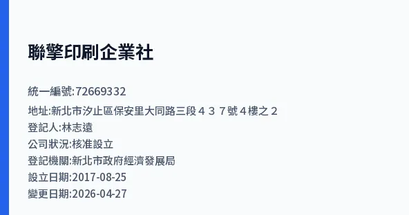 聯擎印刷企業社的照片-統編 72669332(新北市) 公司登記資料與營業項目詳細圖表