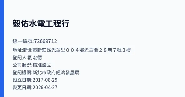 毅佑水電工程行的照片-統編 72669712(新北市) 公司登記資料與營業項目詳細圖表