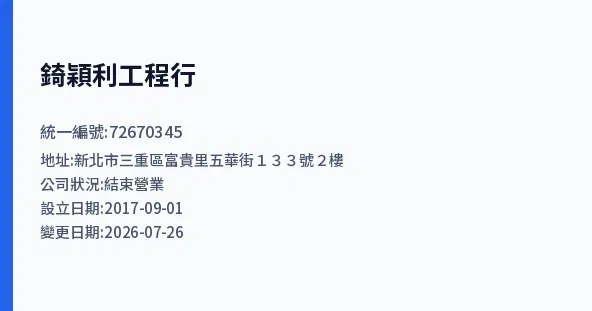 錡穎利工程行的照片-統編 72670345 公司登記資料與營業項目詳細圖表