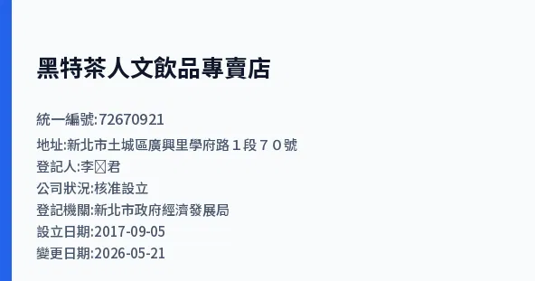 黑特茶人文飲品專賣店的照片-統編 72670921(新北市) 公司登記資料與營業項目詳細圖表