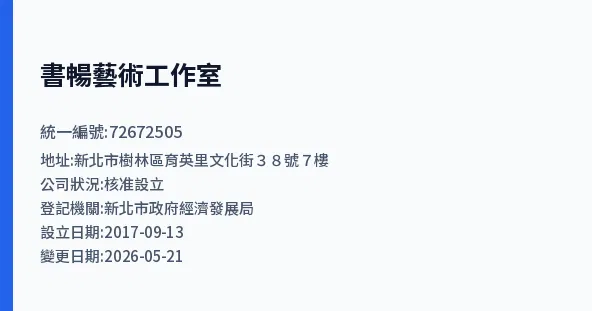 書暢藝術工作室的照片-統編 72672505(新北市) 公司登記資料與營業項目詳細圖表