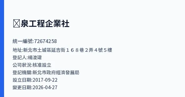 伖泉工程企業社的照片-統編 72674258(新北市) 公司登記資料與營業項目詳細圖表