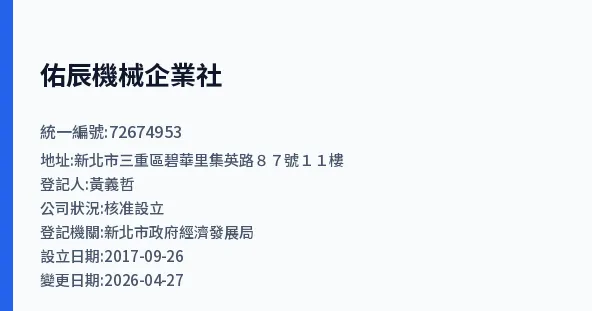 佑辰機械企業社的照片-統編 72674953(新北市) 公司登記資料與營業項目詳細圖表