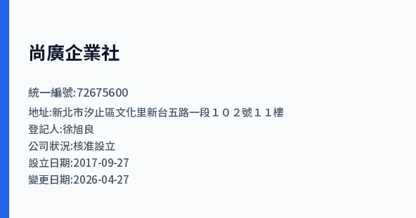 尚廣企業社的照片-統編 72675600(新北市) 公司登記資料與營業項目詳細圖表