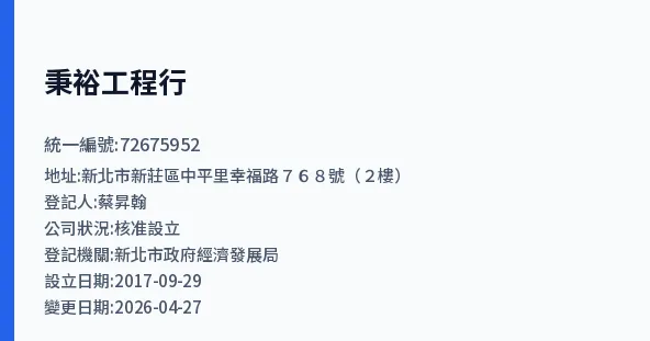 秉裕工程行的照片-統編 72675952(新北市) 公司登記資料與營業項目詳細圖表