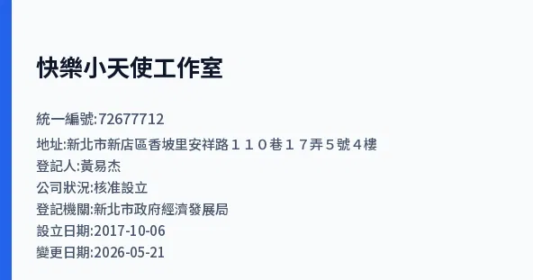 快樂小天使工作室的照片-統編 72677712(新北市) 公司登記資料與營業項目詳細圖表