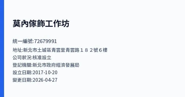 莫內傢飾工作坊的照片-統編 72679991(新北市) 公司登記資料與營業項目詳細圖表