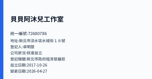 貝貝阿沐兒工作室的照片-統編 72680786(新北市) 公司登記資料與營業項目詳細圖表