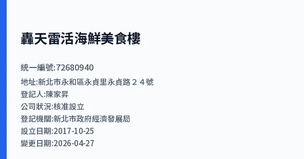 轟天雷活海鮮美食樓的照片-統編 72680940(新北市) 公司登記資料與營業項目詳細圖表