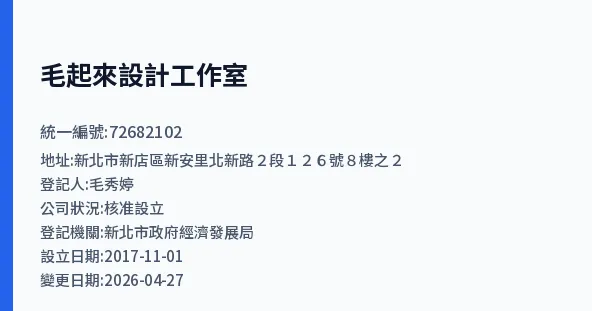 毛起來設計工作室的照片-統編 72682102(新北市) 公司登記資料與營業項目詳細圖表