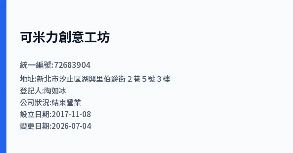 可米力創意工坊的照片-統編 72683904(新北市) 公司登記資料與營業項目詳細圖表