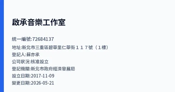 啟承音樂工作室的照片-統編 72684137(新北市) 公司登記資料與營業項目詳細圖表