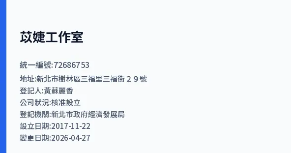 苡婕工作室的照片-統編 72686753(新北市) 公司登記資料與營業項目詳細圖表