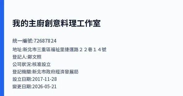 我的主廚創意料理工作室的照片-統編 72687824(新北市) 公司登記資料與營業項目詳細圖表