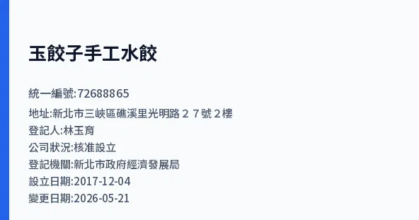 玉餃子手工水餃的照片-統編 72688865(新北市) 公司登記資料與營業項目詳細圖表
