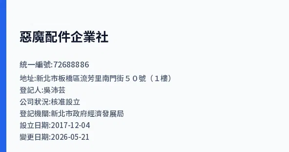 惡魔配件企業社的照片-統編 72688886(新北市) 公司登記資料與營業項目詳細圖表