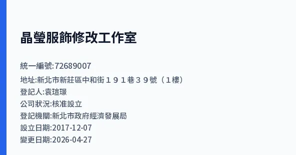 晶瑩服飾修改工作室的照片-統編 72689007(新北市) 公司登記資料與營業項目詳細圖表