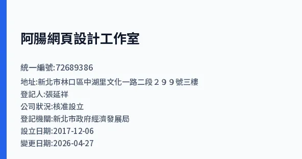 阿腸網頁設計工作室的照片-統編 72689386(新北市) 公司登記資料與營業項目詳細圖表