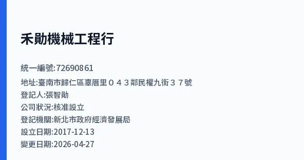 禾勛機械工程行的照片-統編 72690861(臺南市) 公司登記資料與營業項目詳細圖表