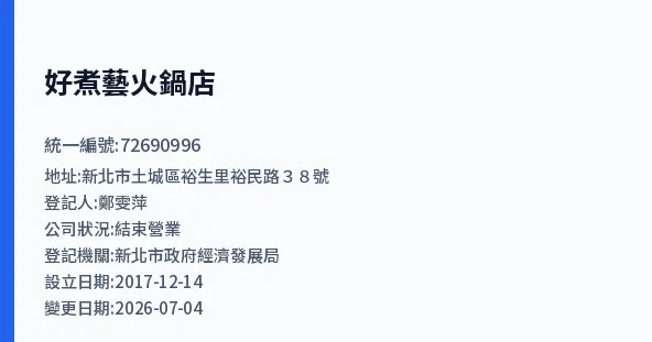 好煮藝火鍋店的照片-統編 72690996(新北市) 公司登記資料與營業項目詳細圖表