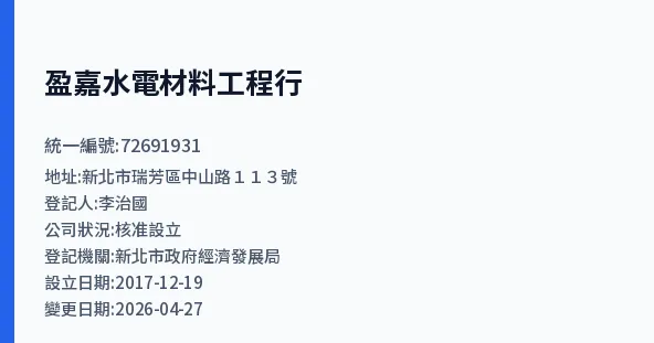 盈嘉水電材料工程行的照片-統編 72691931(新北市) 公司登記資料與營業項目詳細圖表