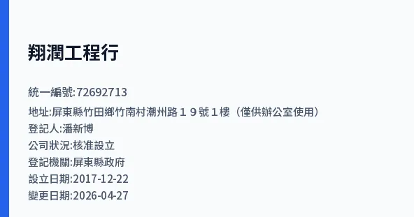 翔潤工程行的照片-統編 72692713(屏東縣) 公司登記資料與營業項目詳細圖表