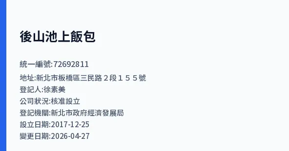 後山池上飯包的照片-統編 72692811(新北市) 公司登記資料與營業項目詳細圖表