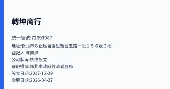 轉坤商行的照片-統編 72693987(新北市) 公司登記資料與營業項目詳細圖表