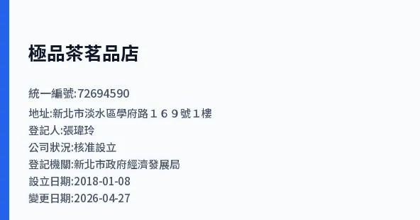 極品茶茗品店的照片-統編 72694590(新北市) 公司登記資料與營業項目詳細圖表
