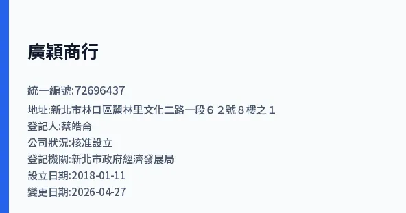 廣穎商行的照片-統編 72696437(新北市) 公司登記資料與營業項目詳細圖表
