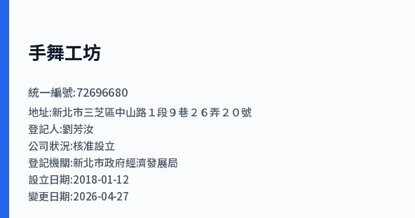 手舞工坊的照片-統編 72696680(新北市) 公司登記資料與營業項目詳細圖表