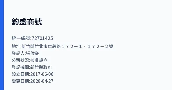 鈞盛商號的照片-統編 72701425(新竹縣) 公司登記資料與營業項目詳細圖表