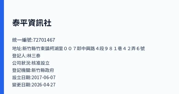 泰平資訊社的照片-統編 72701467(新竹縣) 公司登記資料與營業項目詳細圖表