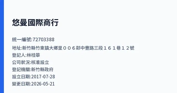 悠曼國際商行的照片-統編 72703388(新竹縣) 公司登記資料與營業項目詳細圖表
