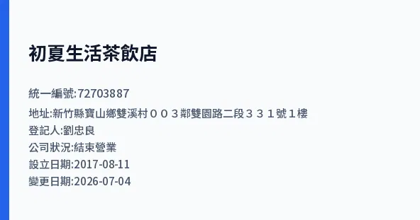 初夏生活茶飲店的照片-統編 72703887(新竹縣) 公司登記資料與營業項目詳細圖表