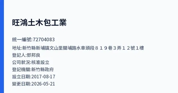 旺鴻土木包工業的照片-統編 72704083(新竹縣) 公司登記資料與營業項目詳細圖表