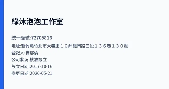 綠沐泡泡工作室的照片-統編 72705816(新竹縣) 公司登記資料與營業項目詳細圖表