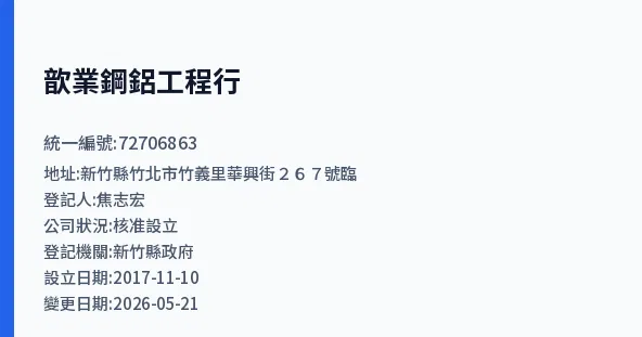 歆業鋼鋁工程行的照片-統編 72706863(新竹縣) 公司登記資料與營業項目詳細圖表
