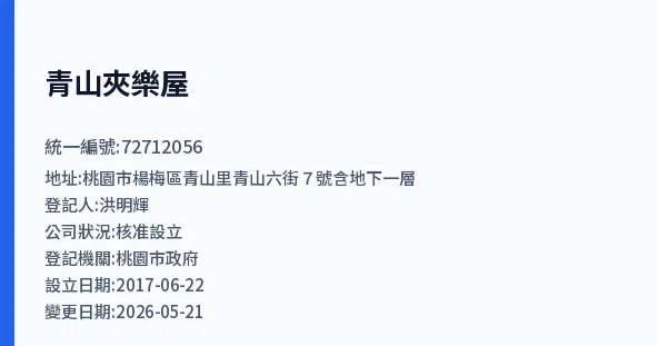 青山夾樂屋的照片-統編 72712056(桃園市) 公司登記資料與營業項目詳細圖表