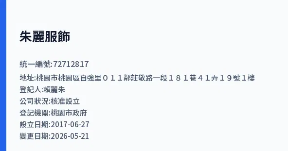 朱麗服飾的照片-統編 72712817(桃園市) 公司登記資料與營業項目詳細圖表